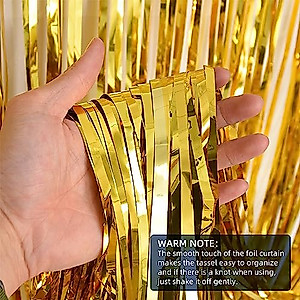 4 Pack 3.2ft x 8.2ft Gold Foil Fringe Curtain Backdrop Metallic Tinsel Foil Fringe Curtains Photo Booth Backdrop for Birthday Party Decorations Christmas Baby Shower Party Decorations (Gold)