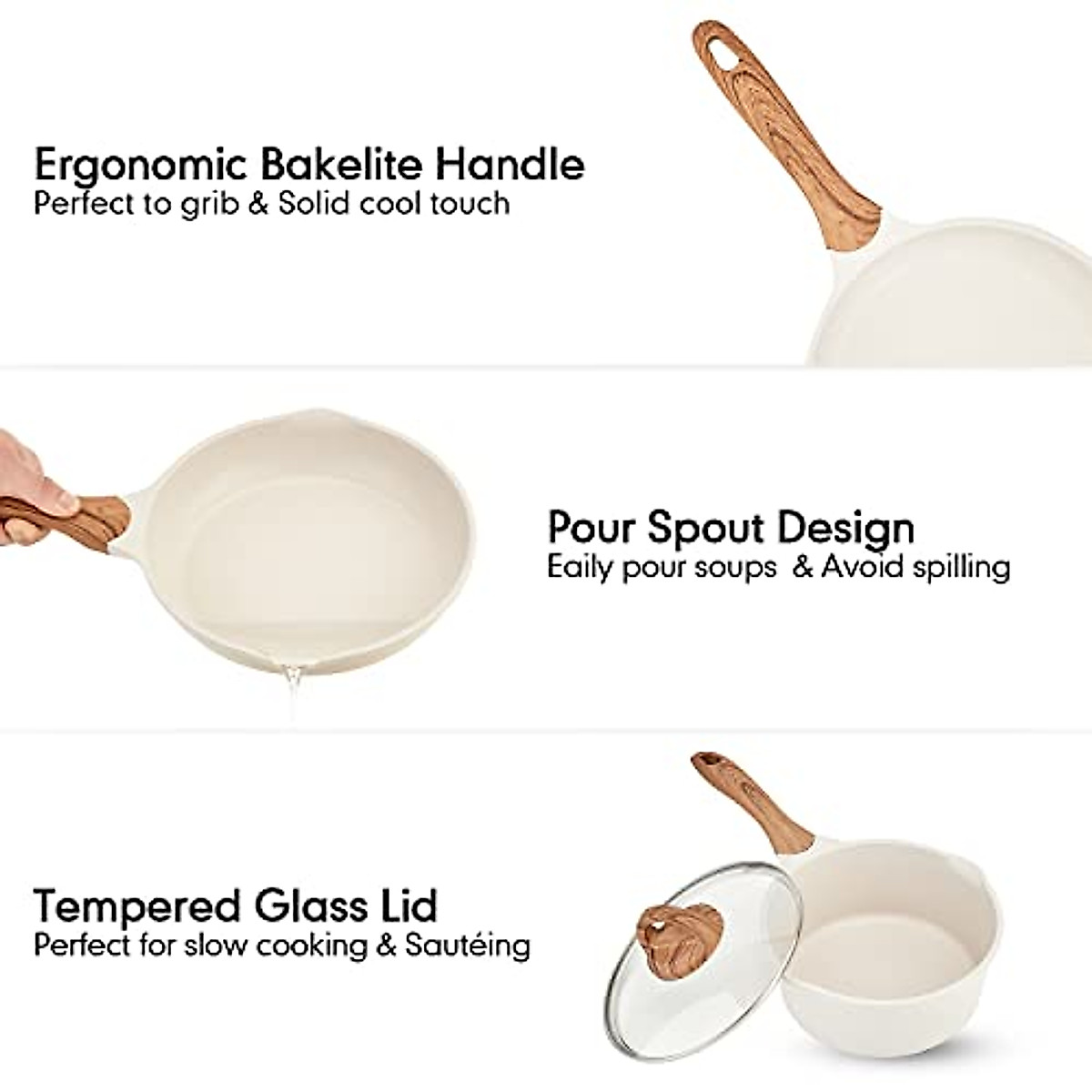 JEETEE Pots and Pans Set Nonstick 15PCS, Granite Coating Cookware Sets Induction Compatible with Frying Pan, Saucepan, Sauté Pan, Grill Pan, Cooking Pots, PFOA Free, (Beige, 15pcs Cookware Set)