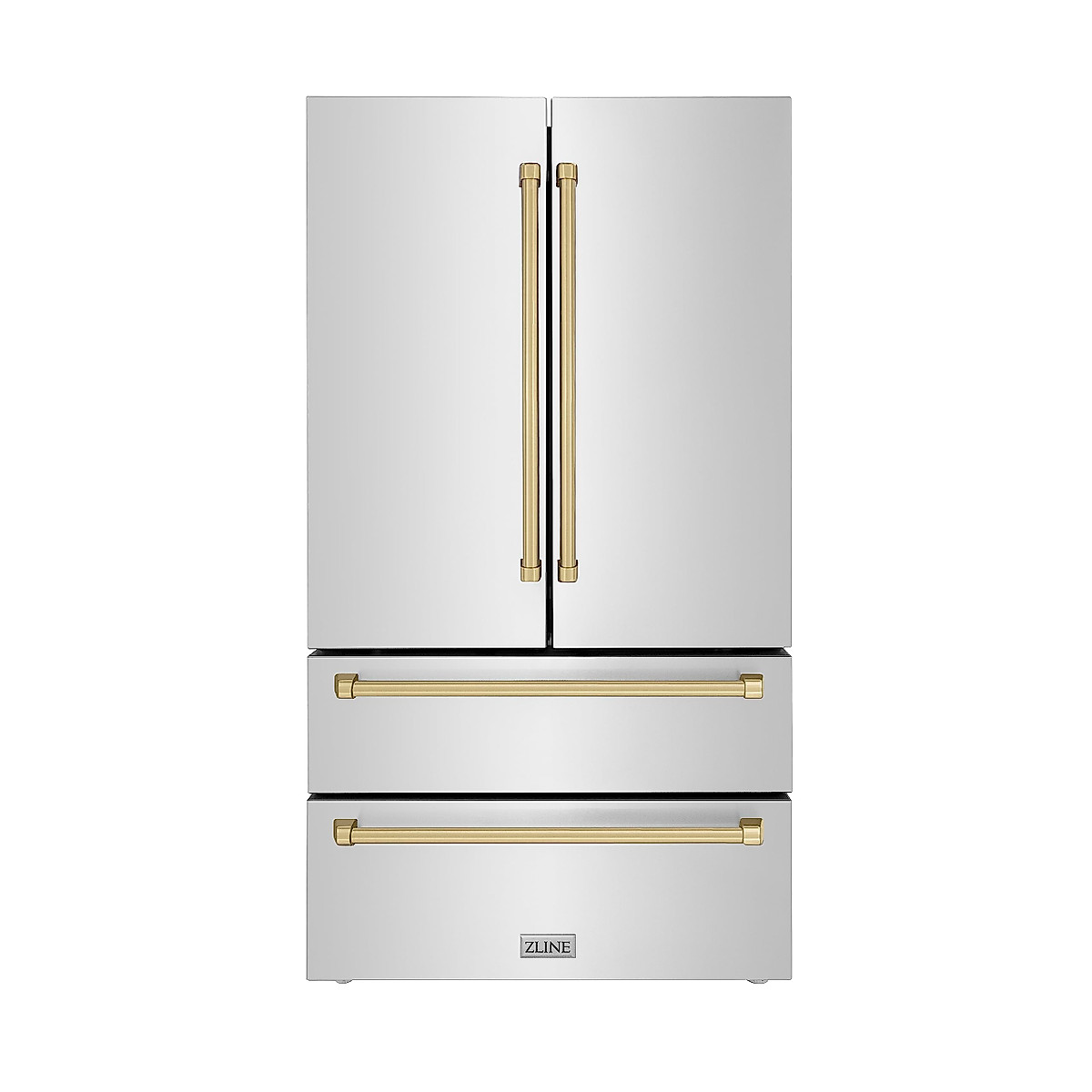 ZLINE 36" Autograph Edition 22.5 cu. ft 4-Door French Door Refrigerator with Ice Maker in Fingerprint Resistant Stainless Steel with Champagne Bronze Traditional Handles (RFMZ-36-CB)