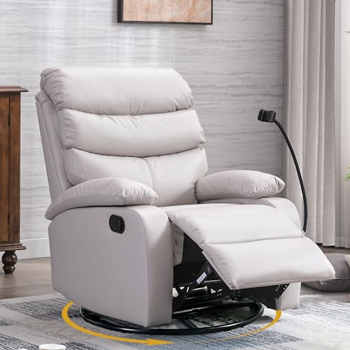 GNMLP2020 Swivel Rocking Recliner Chair, Manual Recliner Chair with Cell Phone Holder, PU Leather Small Rock Recliner Easy to Operate Reclining for Living Room, Nursery, Beige