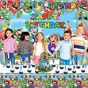 Mario Party Supplies Birthday Party Favors Super Mario Bros Birthday Decorations Include Banners, Backdrop,Tablecloth, Balloons, Cake Decoration, Cupcake Toppers, Hanging Swirls