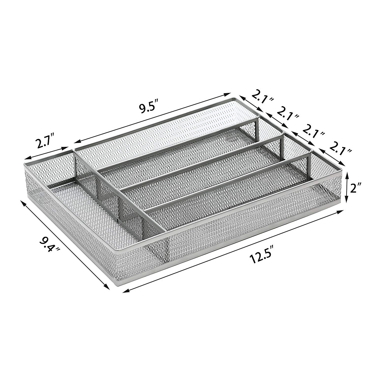 JANE EYRE Drawer Organizer, Cutlery Tray Silverware Flatware Storage Divider for Kitchen, Mesh Wire with Non-slip Foam Feet, 5 Component, Silver