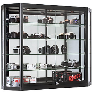 Displays2go Black Glass Wall Hanging Store Case, Aluminum, Tempered Glass Shelves – Black (WC4712LEDB)