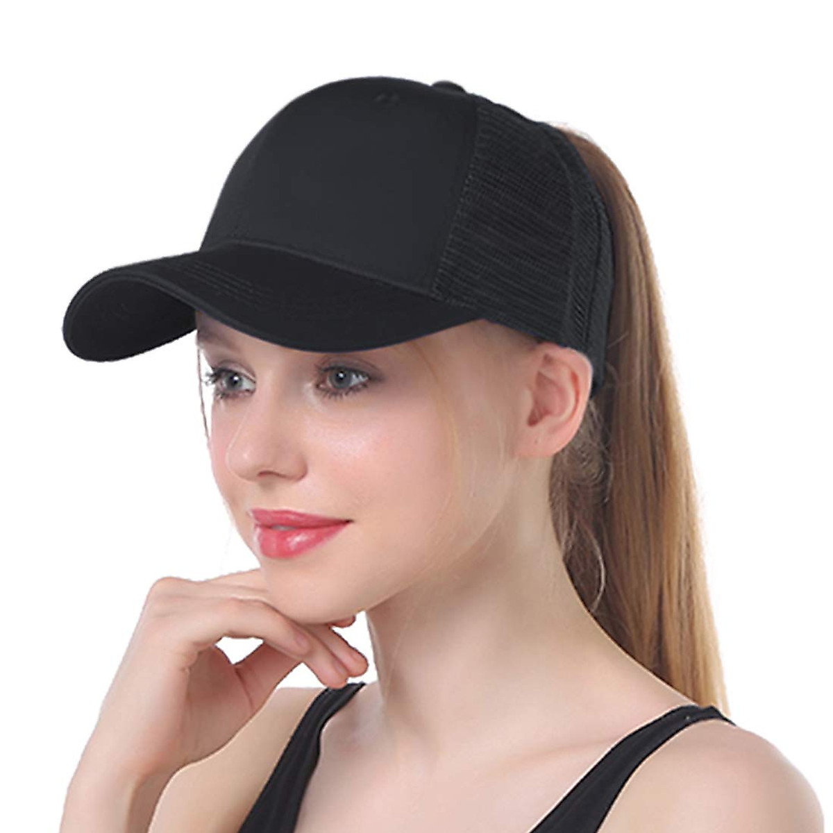 Muryobao Womens Ponytail Baseball Cap Messy High Bun Ponycap Adjustable Snapback Summer Sun Hat Plain Trucker Dad Hat Mesh Black