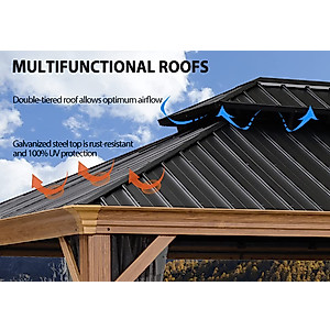 PURPLE LEAF 12' X 20' Outdoor Hardtop Gazebo for Patio Galvanized Steel Double Roof Permanent Canopy Teak Finish Coated Aluminum Frame Pavilion Gazebo with Netting