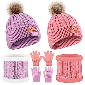 Panitay 2 Sets Winter Toddler Hat Scarf Gloves Set Warm Hat Gloves Knit Neck Scarf for 1-5-6-10 Years Old Girls and Boys (Purple, Pink,6-10 Years)