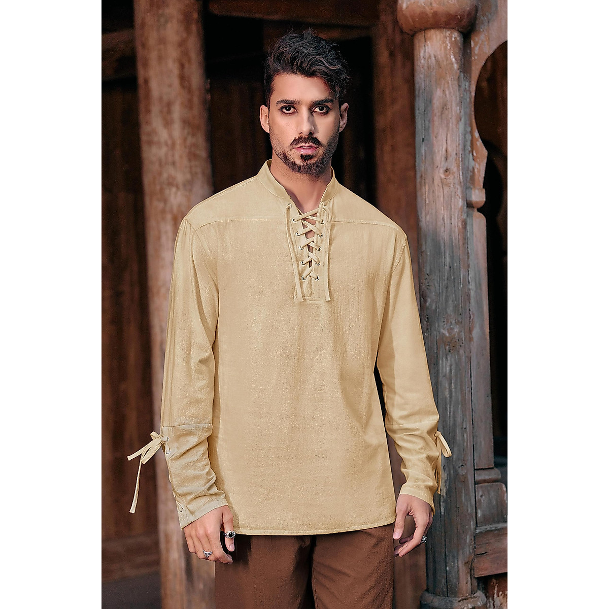 Mens Medieval Pirate Shirt Steampunk Retro Renaissance Viking Long Sleeve Lace Up Mercenary Halloween Scottish Tops Beige