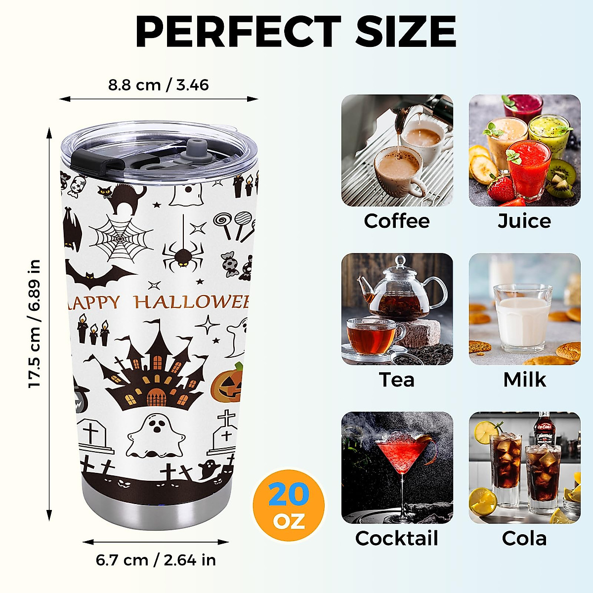 LATTPLYN Gifts for Halloween, Black Cat Halloween Tumbler with Lid, 20 oz Bat Spider Web Ghost Witch Printed Insulated Stainless Steel Travel Mug Horror Movies Lover Gifts for Friends, Coworkers