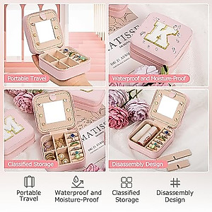 Ulico Travel Jewelry Case Jewelry Box- Small Jewelry Organizer with Mirror, Jewelry Holder Organizer Box, Travel Essentials Travel Gifts Birthday Gifts for Women Girls Friends Sister Initial Pink M