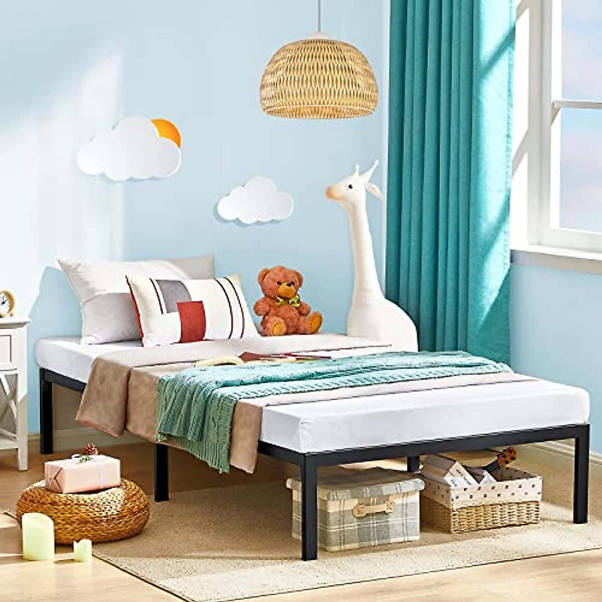 GreenForest Bed Frame Queen Size with Wooden Headboard Platform Bed with Metal Support Slats and Twin Bed Frame Tool-Free Assembly Metal Platform