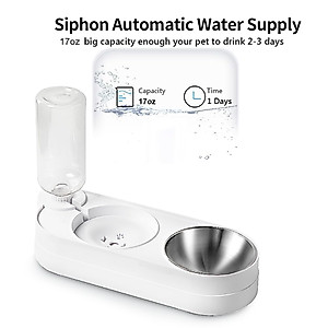 Marchul Stainless Steel Pet Feeder, 2-in-1 Food and Water Bowl Set with Automatic Water Dispenser for Cats and Small Dogs, 0.5L, White