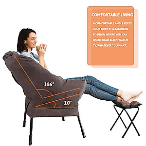 HIGOGOGO Lazy Chair and Folding Footrest Stool Set, Accent Chair for Living Room with Portable Ottoman, Sofa Chair Steel Frame Leisure Bedroom Chair and Anti-Slip Footstool, Brown