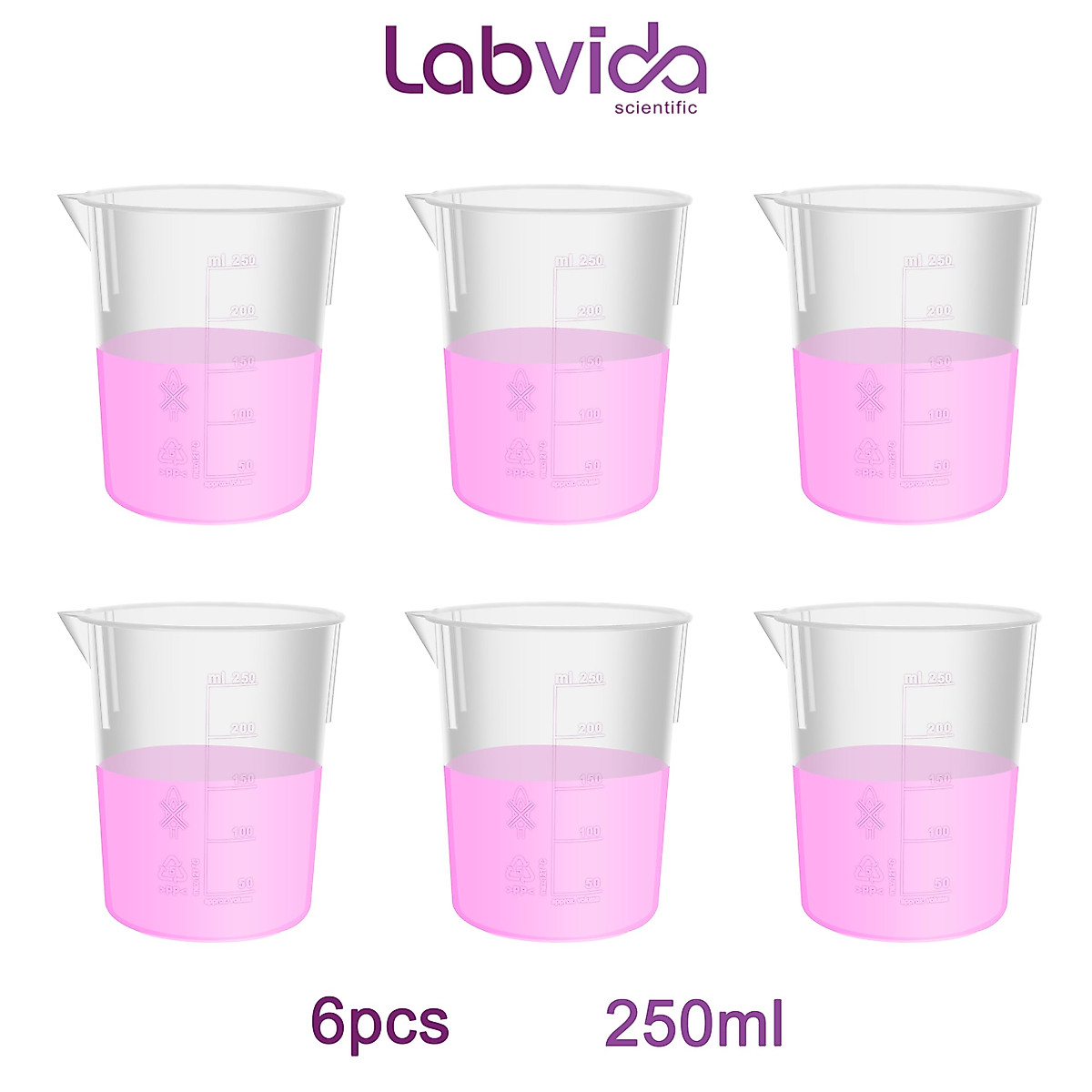 Labvida 6pcs of Stackable Plastic Beakers, Vol.250ml, PP Material, with Molded Graduation, LVB002