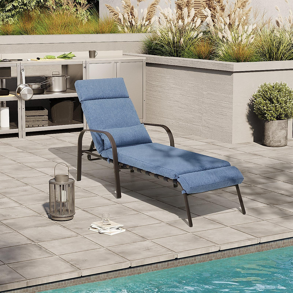 Crestlive Products Adjustable Chaise Lounge Chair with Cushion & Pillow, Outdoor Five-Position Recliner, All Weather for Patio, Beach, Yard, Pool (1PC Dark Blue)