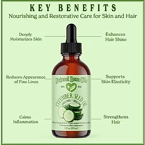 Natural Born Oils Cucumber Seed Oil. 4oz. 100% Pure and Natural, Organic, Cold-pressed, Unrefined, Moisturizer for Skin and Hair