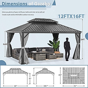 Aoxun 12' x 16' Permanent Hardtop Gazebo with Galvanized Steel Double Roof and Aluminum Frames Outdoor Large Pavilion Gazebo for Patio Deck Garden, Nettings and Curtains Included, Gray