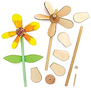 Baker Ross FE575 Flower Wooden Windmill Kits - Pack of 5, for Kids Arts and Crafts Projects, Wooden Crafts for Children to Decorate, Personalize and Display