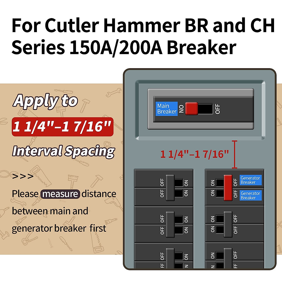 Generator Interlock Kit for Eaton/Cutler Hammer BR Series Breaker Box 150 A/200 Amp, Apply to 1 1/4 to 1 7/16 Inches Spacing Between Main and Generator Circuit Panel, Anodized Generator Lockout Kit