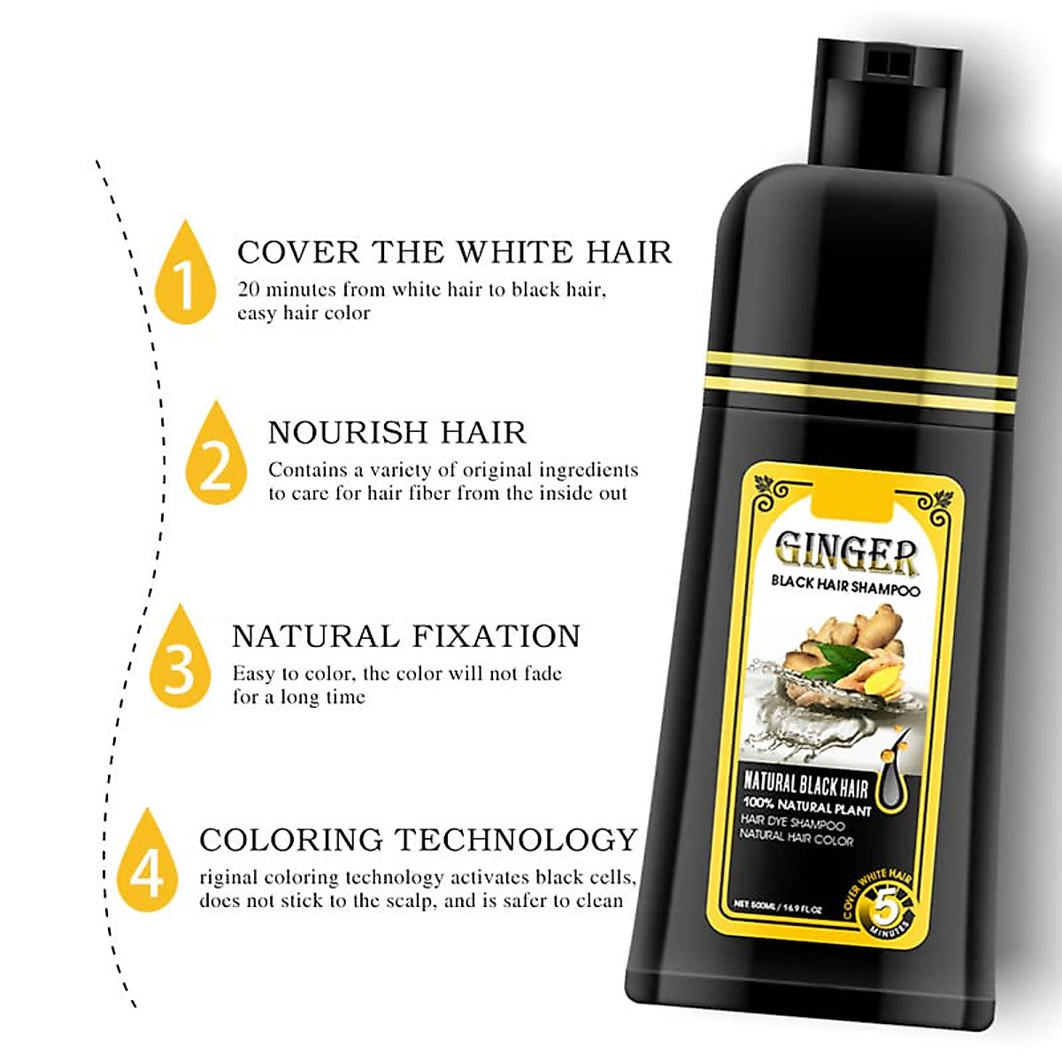 500ml Ginger Black Hair Shampoo, Ginger Shampoo Fast Black Hair Hair Color Dye Nourishing Shampoo, 2-in-1 Semi Permanent Shampoo Last 30 days,5 Minutes Finsh