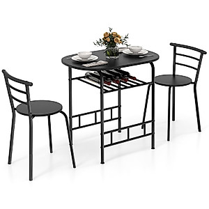 Giantex 3 Piece Dining Set Compact 2 Chairs and Table Set with Metal Frame and Shelf Storage Bistro Pub Breakfast Space Saving for Apartment and Kitchen (Black)