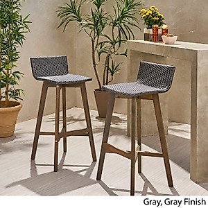 GDFStudio Outdoor Acacia Wood & Wicker Barstools (Set of 2), Gray