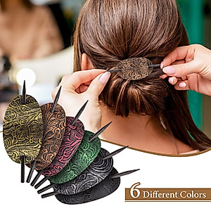 Noverlife 6PCS Hair Barrette with Stick, Faux Leather Oval Shape Hair Clips Hair Slider Pin Ponytail Holders, Bohemian Style Hair Accessories Barrette with Wood Slide Stick for Women Girls