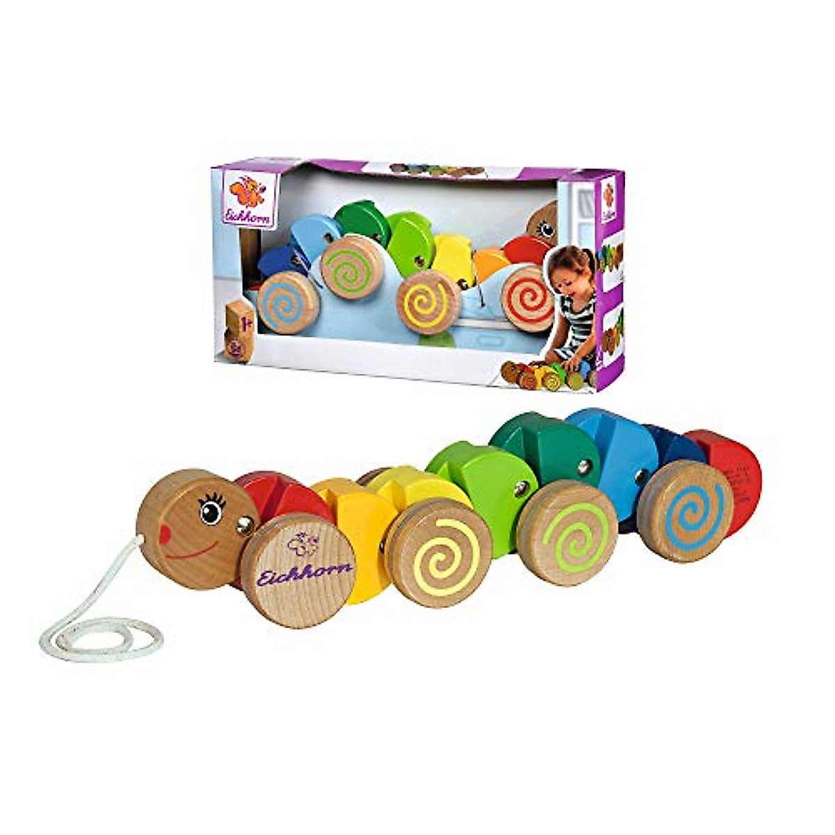 Eichhorn 100003447 Nachziehtier-100003446 Pull-Along Caterpillar with Movement, 32 cm Long, Beech Wood, Colourful