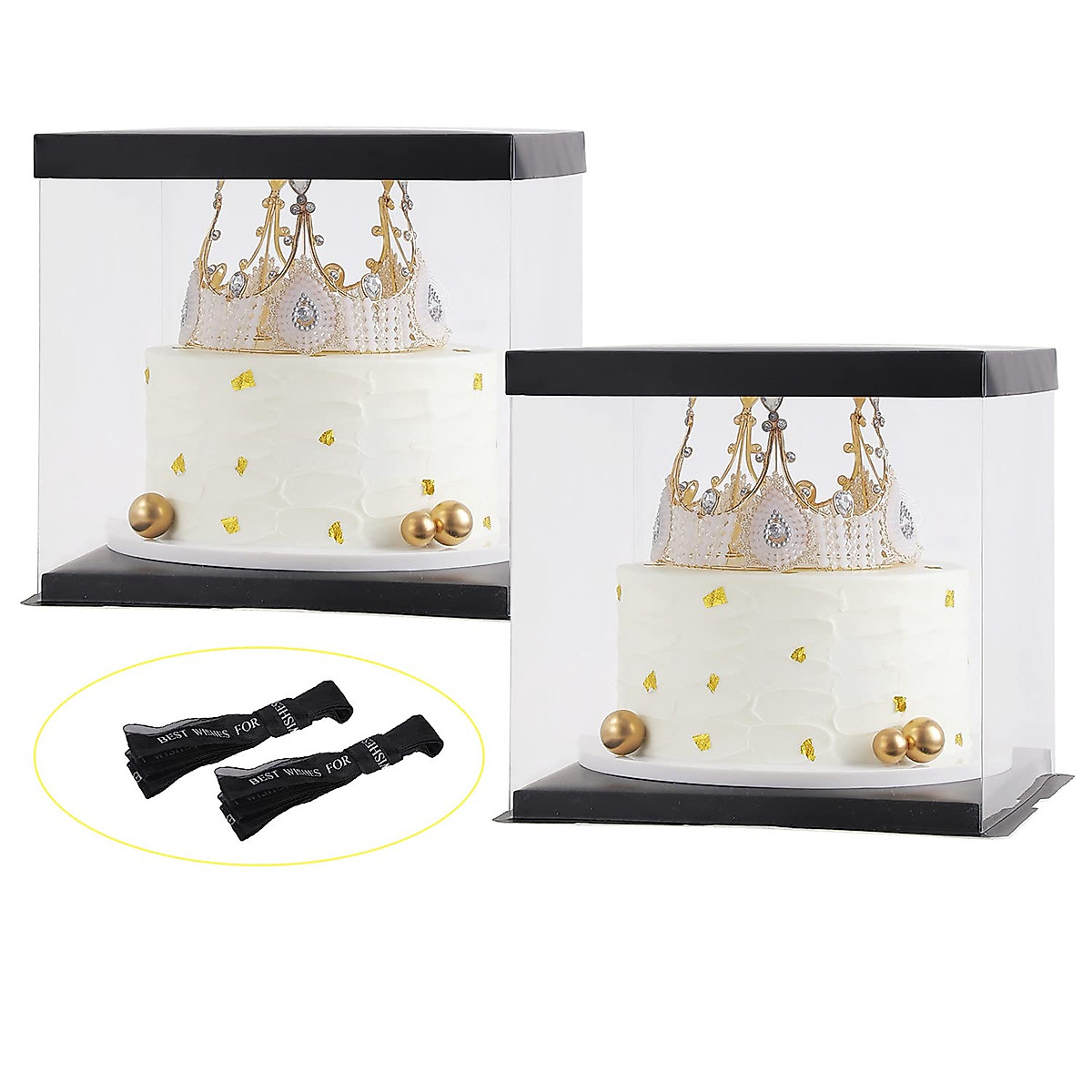 XININSUN 2Pcs Large Cake PET Clear Box, 10" X 10" X 9" with ribbon and pre-folded lid, for 8" cake packing carry, baking cookie display, Carry Tall Layer Gift, Festive Gift Box -Black