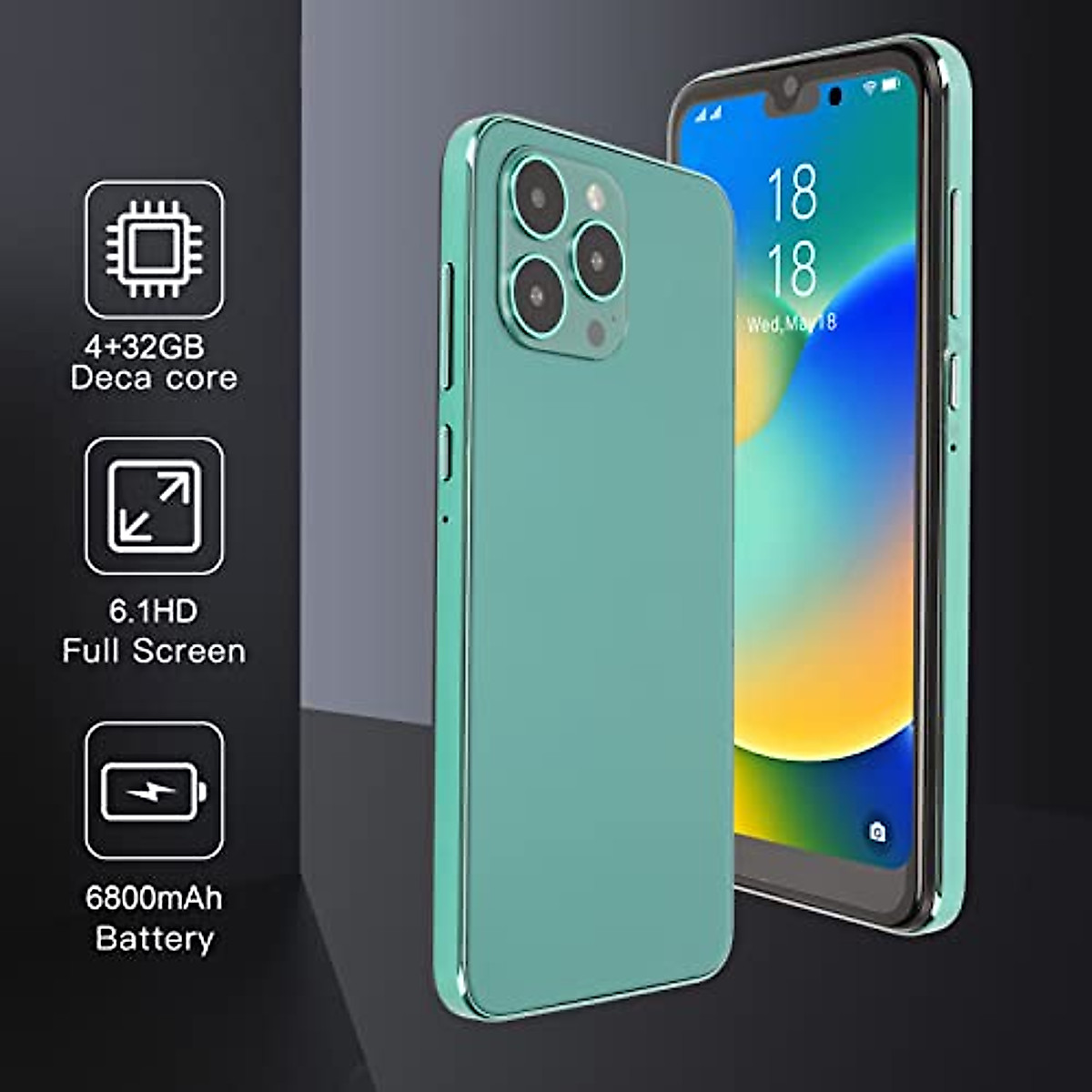 Hilitand iP14 Pro Unlocked Smartphone for 11, 4G Dual SIM Phone, 4GB 32GB ROM Cell Phones Unlocked, 6.1 HD Screen, Face Unlock, 8MP 16MP, 6800mAh, Green