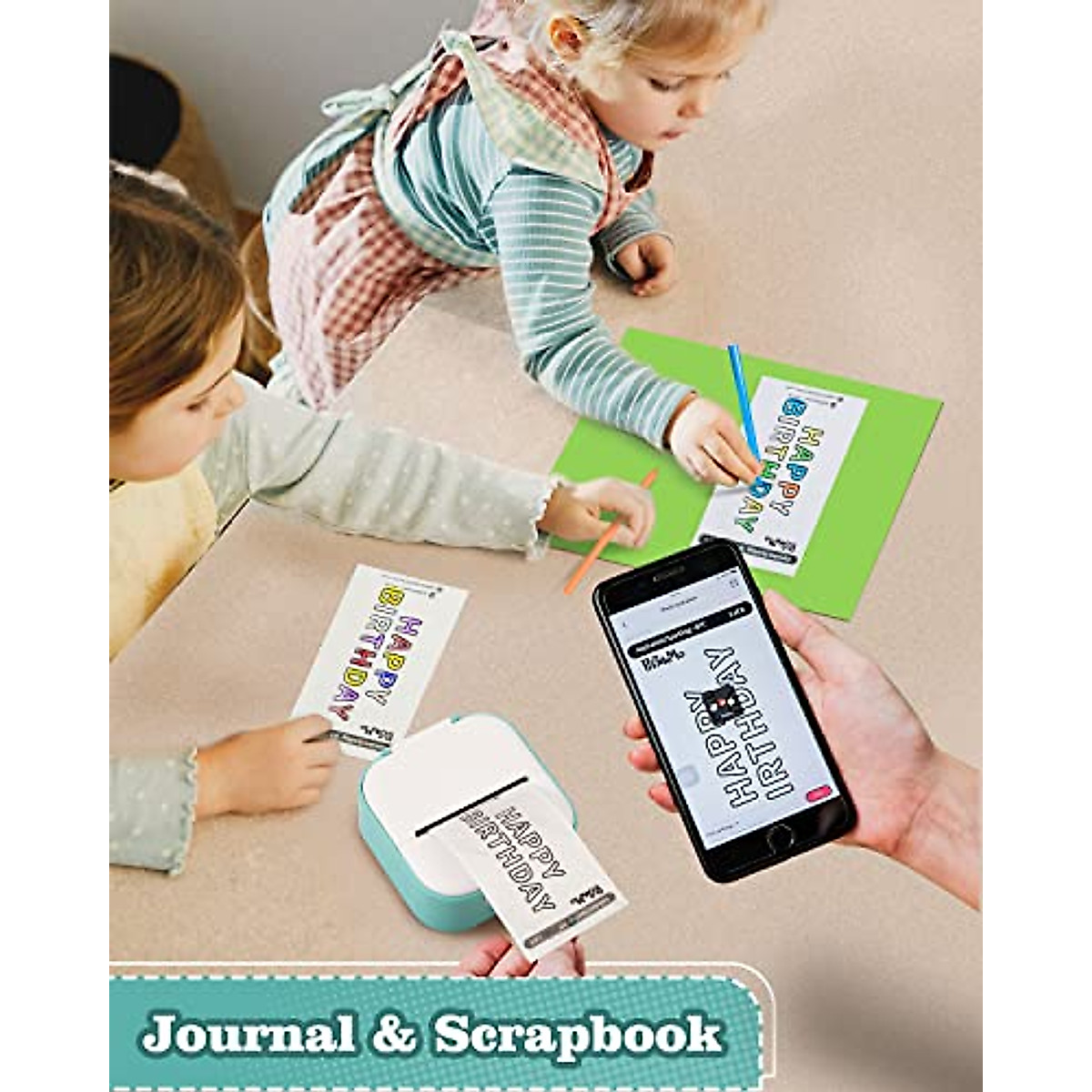 Memoking Label Makers - T02 Mini Portable Small Printer with 3 Rolls Paper, Sticker Printer Machine, Study Printer for Pictures, Photos, Journals, DIY, Compatible with Phone & Tablet, Green