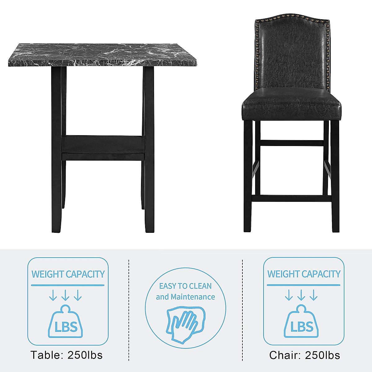 Bellemave Counter Height Dining Table Set with Storage Shelf 5 Piece Bar Height Faux Marble Table and Chairs Dinning Room Breakfast Table Set Pub Table and Chairs Set of 4, Black Chair+Black Table