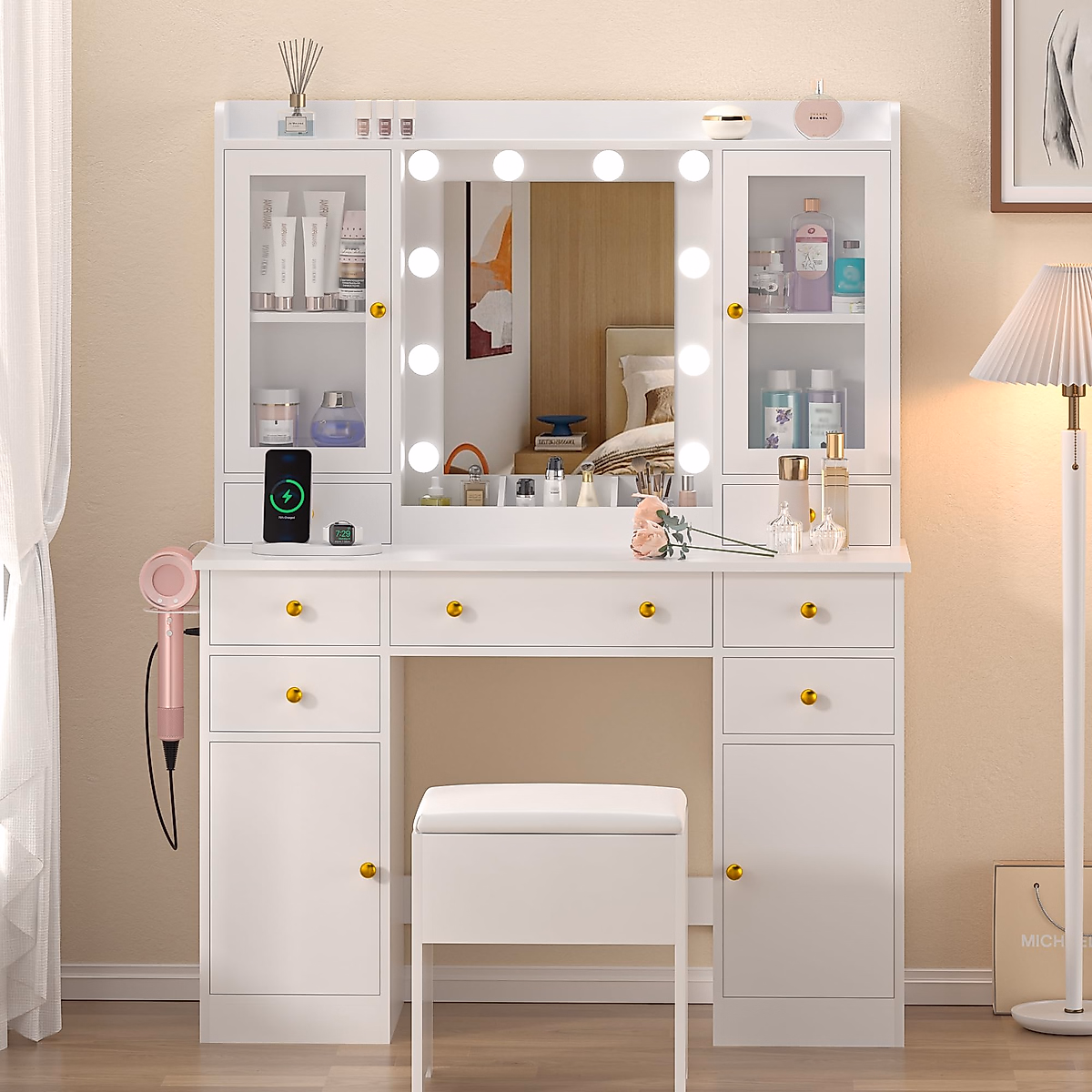 Wodeer Vanity Desk with Lighted Mirror & Power Strip,Makeup Vanity Table with RGB LED Lights & Chair,White Dressing Table Set with 7 Drawers & 2 Cabinet for Girls Women Bedroom & Dressing Room,White