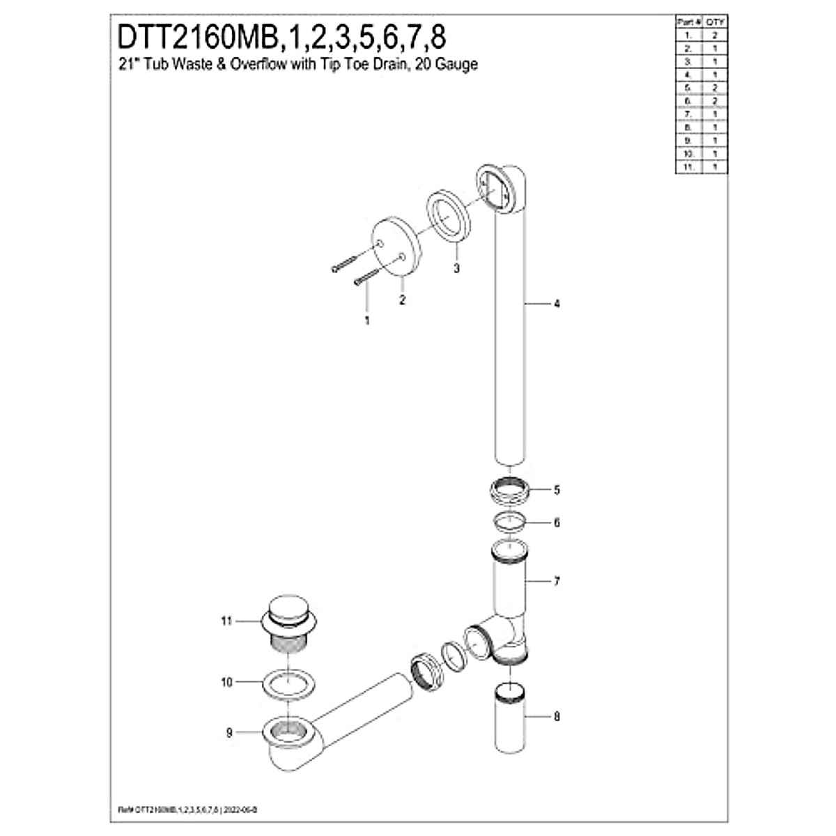 Kingston Brass DTT2168 Tip-Toe Bath Tub Drain and Overflow, Brushed Nickel 25.5 x 12.5 x 3.19