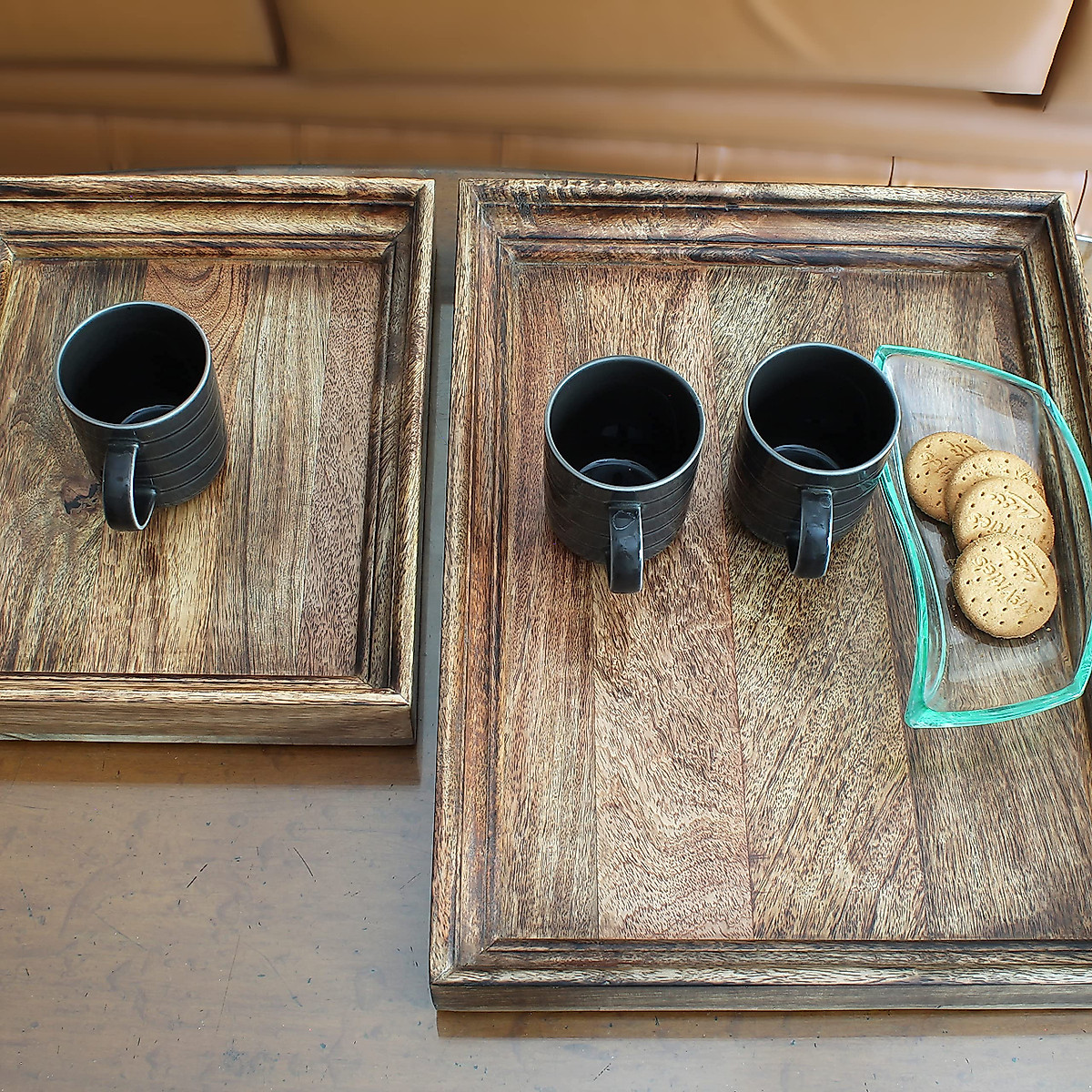 SAVON Extra Large Serving Tray Wooden Tea Coffee Breakfast 24 x 17 inches Set of 3 (Natural Wood)