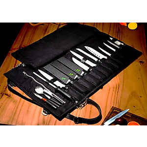 EVERPRIDE Chef Knife Roll Bag Holds 12 Knives and Cooking Tools – Durable, Large Knife Case Made of Canvas and Genuine Leather – Elegant Chef Bag for Professional Cooks – Knives Not Included
