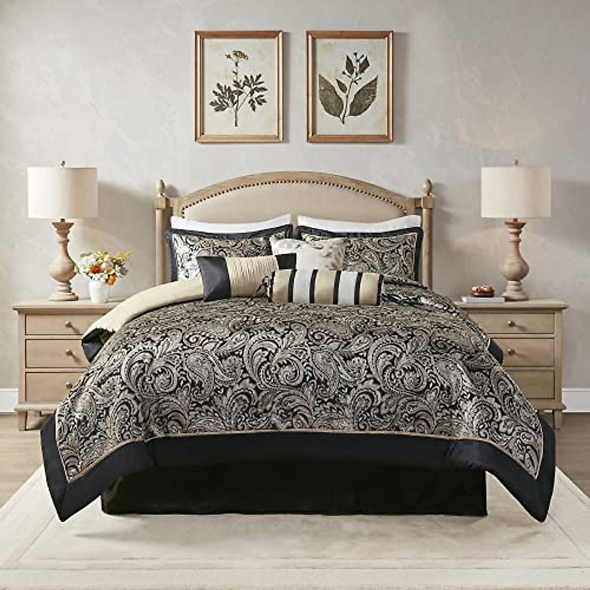 Madison Park Comforter Set, Faux Silk Jacquard Paisley Design - All Season Down Alternative Bedding with Bedskirt, Decorative Pillow, Queen(90 in x 90 in), Black 7 Piece