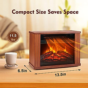 Small Electric Fireplace Heater, LifePlus Mini Wooden Space Tabletop Fireplace with 3D Realistic Flame Effect, Cool and Safe to Touch, Perfect for Study Bedroom Office, Overheating Protection, 1500W