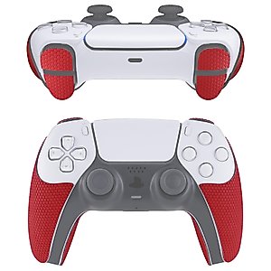 eXtremeRate PlayVital Red Anti-Skid Sweat-Absorbent Controller Grip for ps5, Professional Textured Soft Rubber Pads Handle Grips for ps5 with Shoulder Button Trigger Stickers - Armored Edition