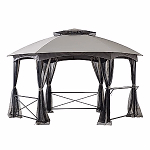 ZZBJ Outdoor Patio Hexagon Gazebo 13' W X 11' D Dome Top Powder-Coated Steel Frame Gazebo with Net Gray
