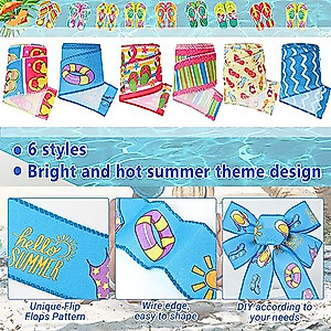 6 Rolls 30 Yards Summer Wired Ribbon Flip Flop Waves Polka Dot Stripe Fabric Decorative Ribbon Summer Themed Burlap Ribbons for Summer Wreath Bow DIY Craft