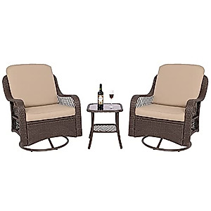 LEISU 3-Pieces Patio Swivel Wicker Bistro Furniture Set with Cushioned Patio Swivel Rocker Swivel Rocking Chairs Set Side Table Outdoor Rattan Conversation Sets (Beige)
