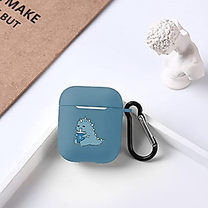 Qiusuo Drink Dinosaur Case for Airpods 2 & 1 with Keychain, Cute Dino Design Soft Silicone Shockproof Protective Cover, Airpods Wireless Charging Case 2&1 for Kids Teens Girls Women Boys, Light Blue