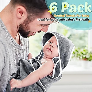 6 Pack Baby Bath Towel, Coral Fleece Soft Absorbent Newborn Hooded Towel for Kids, 30 x 30 Inch Hooded Baby Toddler Bath Blanket Towel for Babies Toddler Infant Shower Gift Supplies (Gray/Beige/Blue)