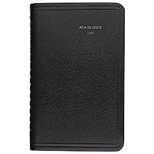 AT-A-GLANCE 2023 Weekly Planner, DayMinder, Hourly Appointment Book, 3-1/2 x 6", Pocket Size, Tabbed Telephone/Address Pages, Texture Cover, Black (G25000)