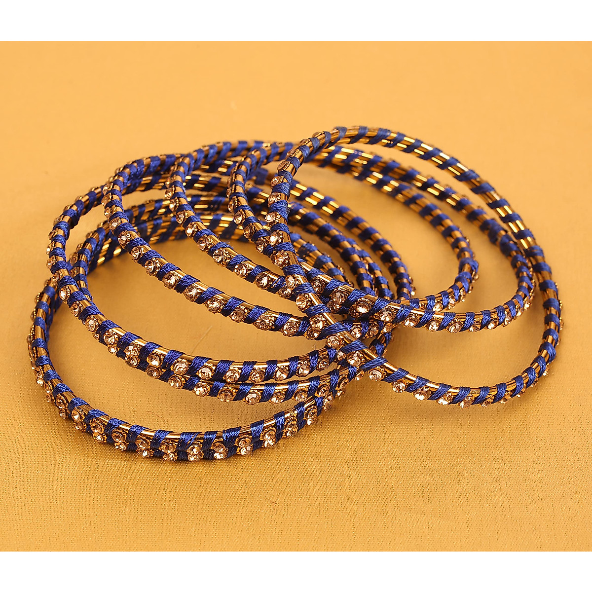 Touchstone New Silk Thread Bangle Collection Indian Bollywood Hand Woven Silk Thread Royal Blue Color Rhinestone Designer Jewelry Special Large Size Bracelets Bangle Set of 8 for Women.