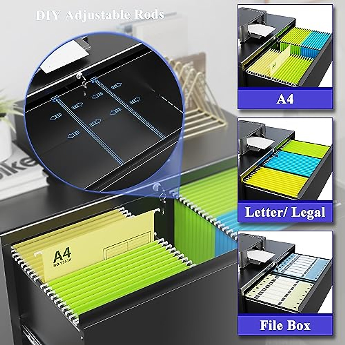 Hak 2 Drawer Lateral File Cabinet with Lock, Black Metal Filing Cabinet for Home Office, Locking Office File Cabinet for Hanging Files Letter/Legal/F4/A4 Size