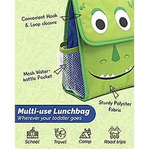 JOY2B Kids Lunch Bag - Insulated Dino Lunch Bag Kids with Water Bottle Holder - Reusable Snack Bags for Boys and Girls, Dinosaur Lunch Box Kids Perfect for School Camp Travel - Daring Dinosaur