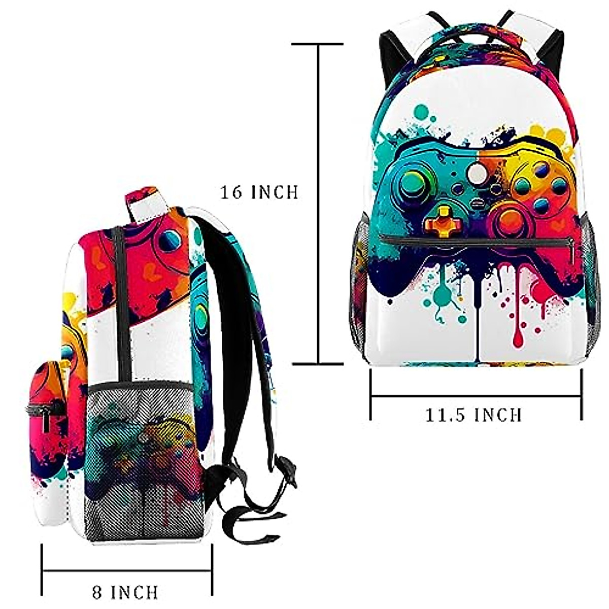 KikandKo School Backpack for Boys, Gaming Controller Rainbow School Bags Lightweight Travel Rucksack Laptop Backpacks