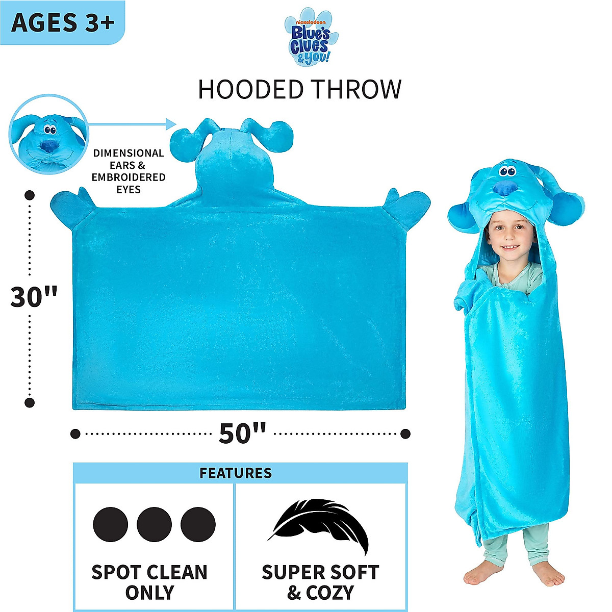 Franco Kids Bedding Super Soft and Cozy Wearable Hooded Throw, 30 in x 50 in, Blues Clues