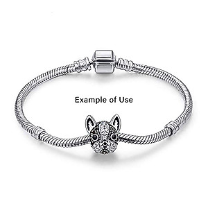 Ginger Lyne Collection French Bulldog Frenchie Boston Terrier Brown or Black Dog Charm for Bracelet or Necklace Round European Bead Sterling Silver CZ Cubic Zirconia